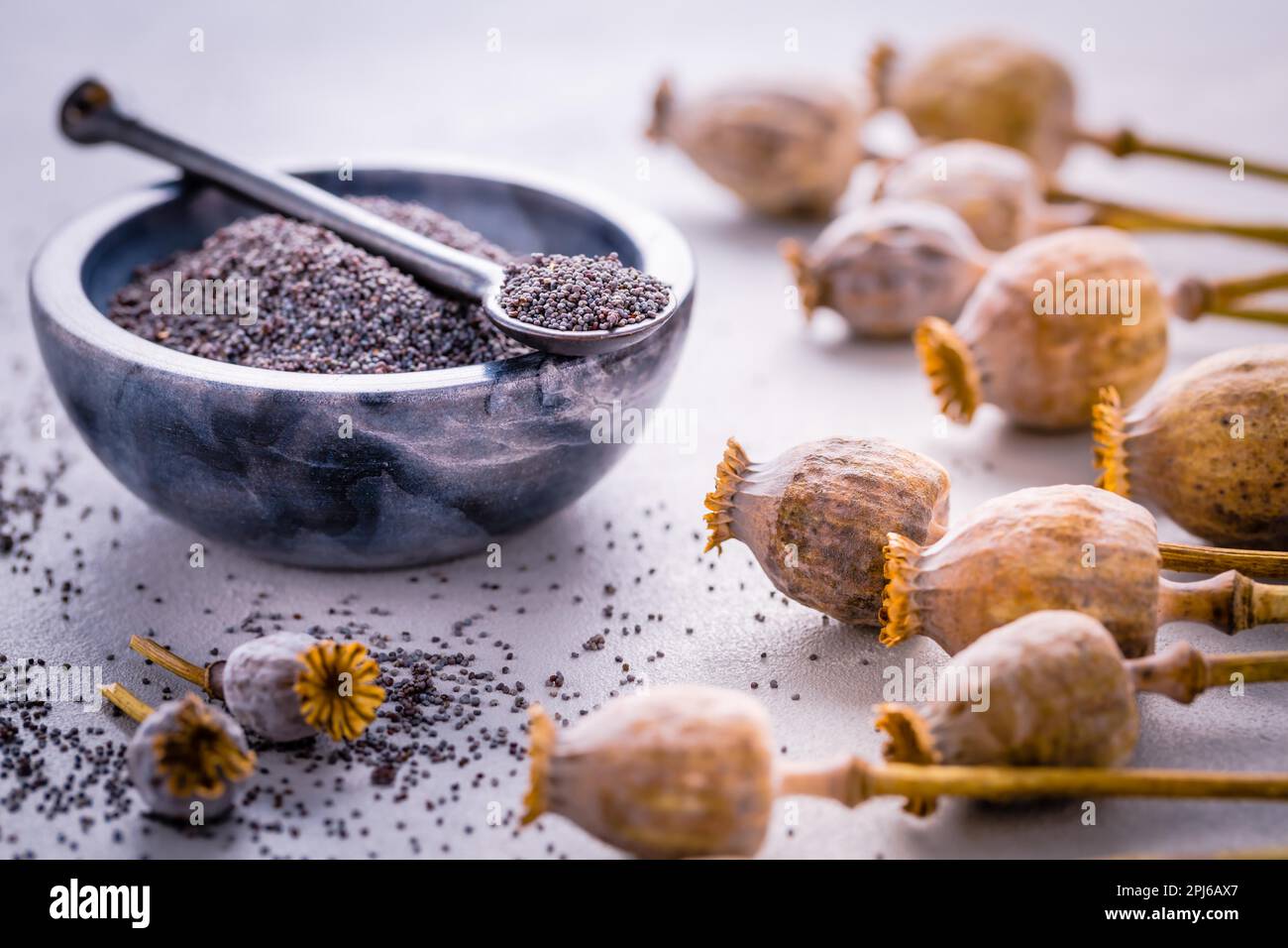 Bunch of poppy heads and bowl with seeds on kitchen table Stock Photo ...