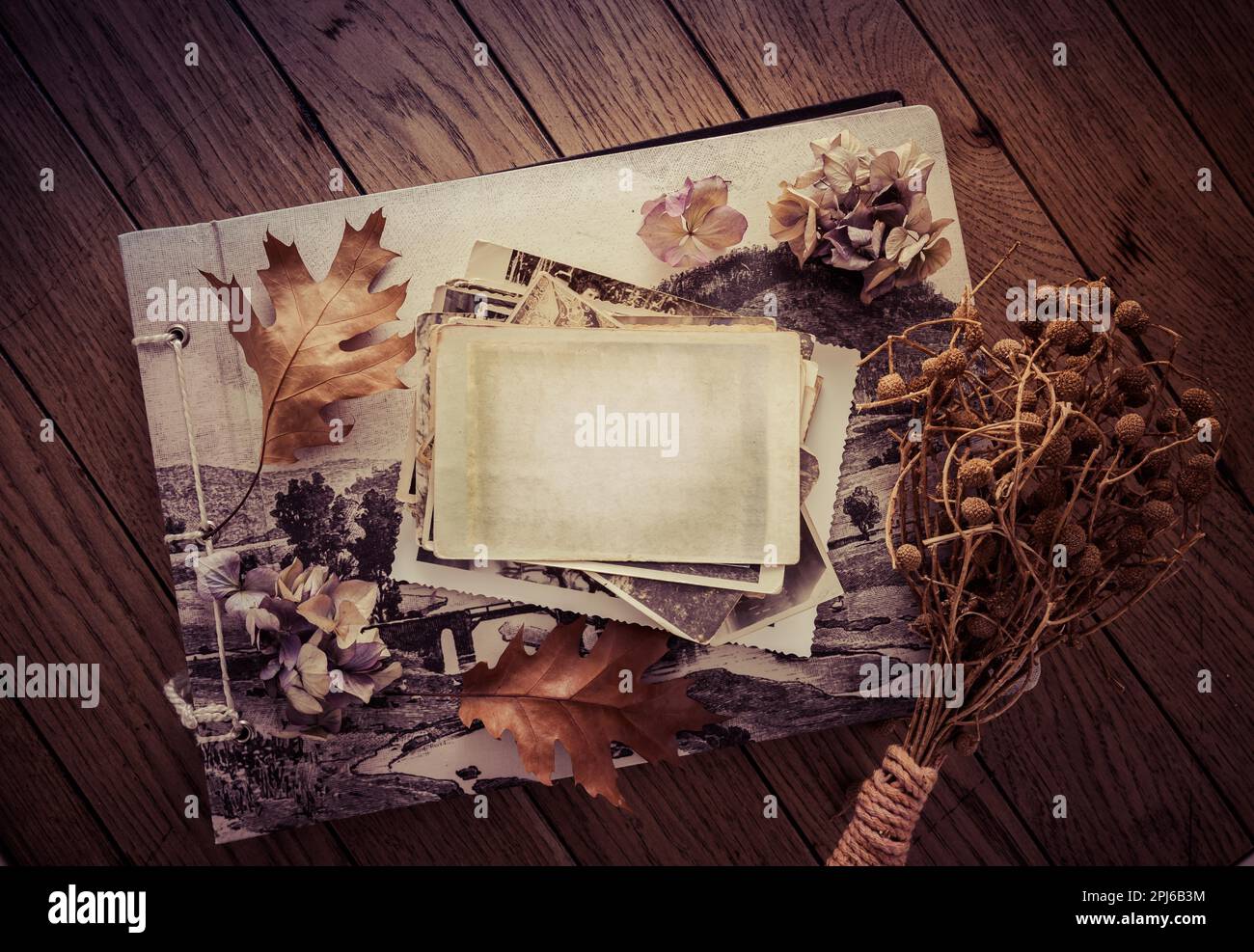 Memories - stock of old and vintage photos on wooden background with ...