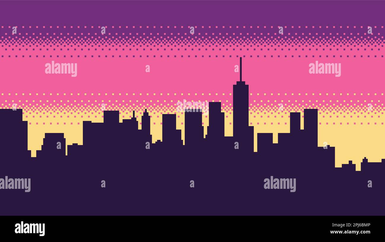 Pixel art metropolis with skyscrapers in the evening. A large city in ...