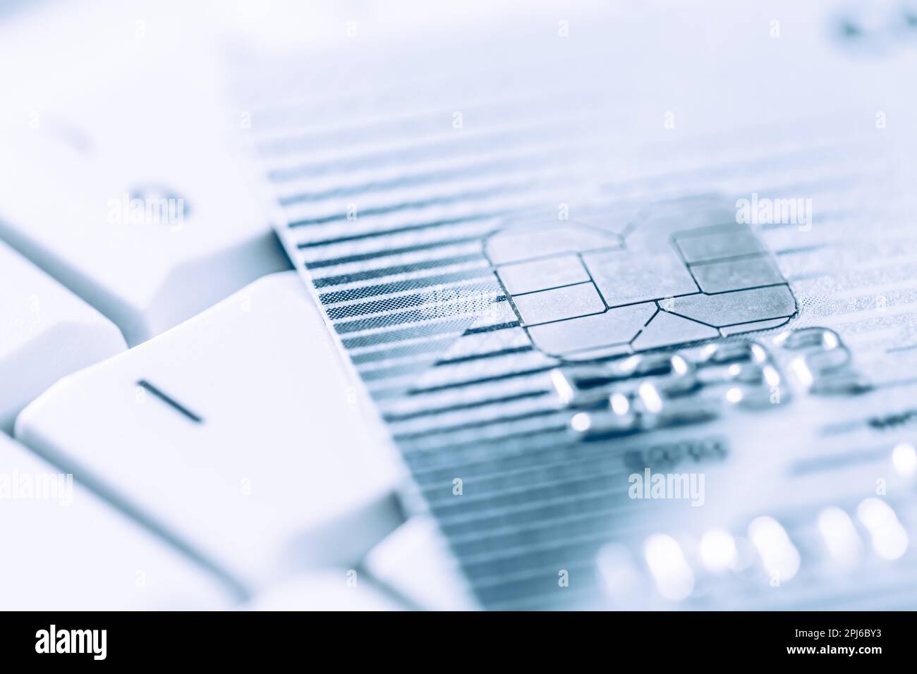 Closeup image of o credit card in silver and blue tone, selective focus ...