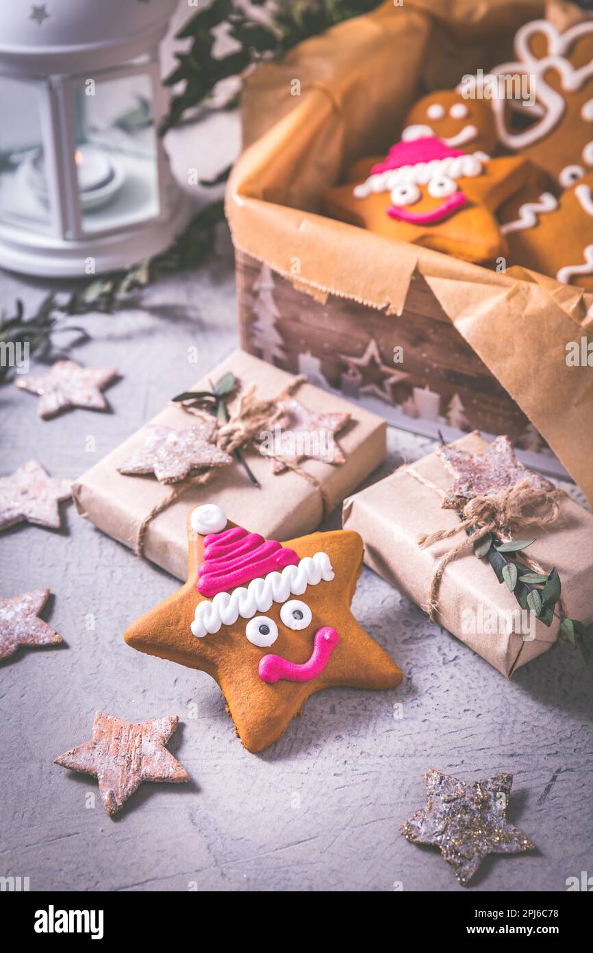Gingerbread cookies for Christmas in cookie box with stars and small ...
