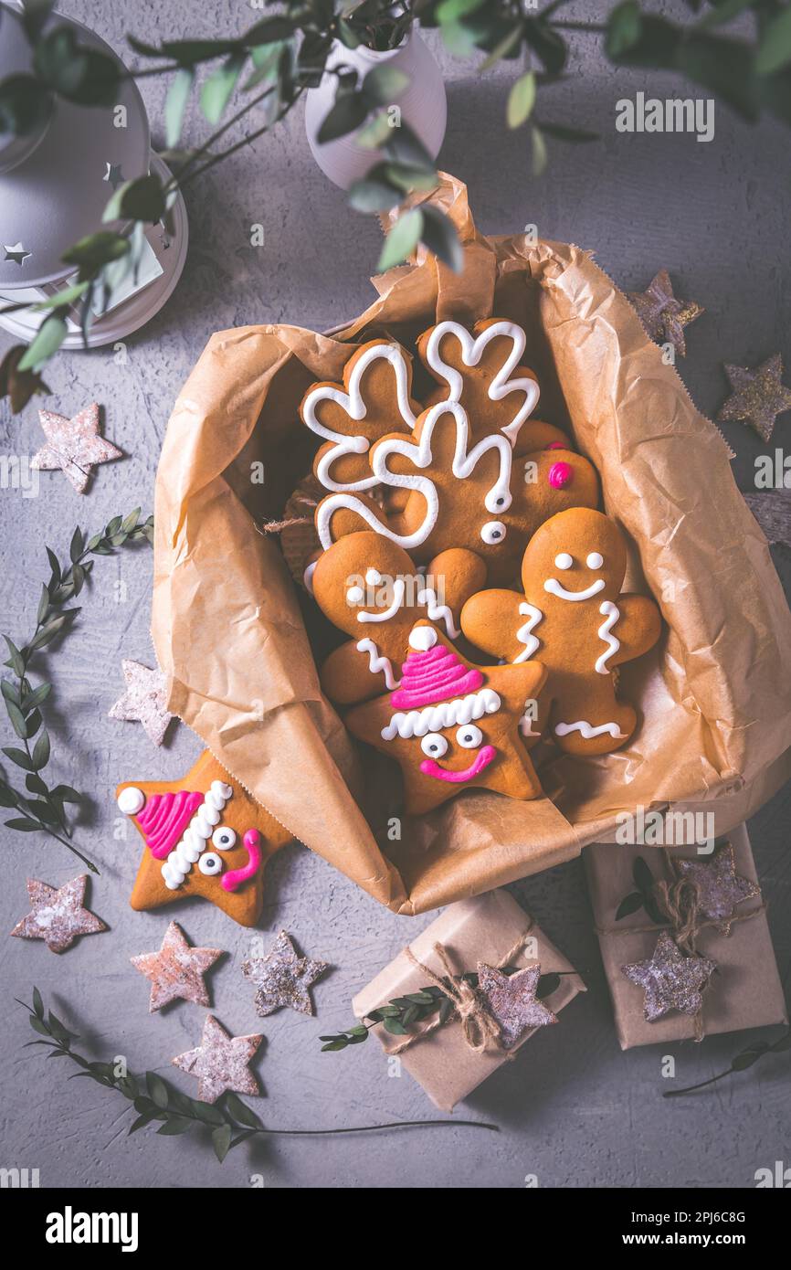 Gingerbread cookies for Christmas in cookie box with stars and small ...