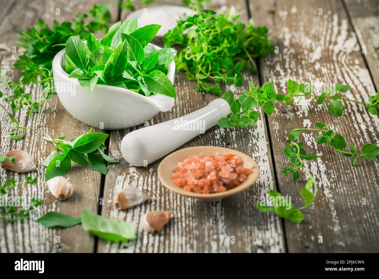Thai basil, rosemary and other herbs with Himalayan salt for healthy ...