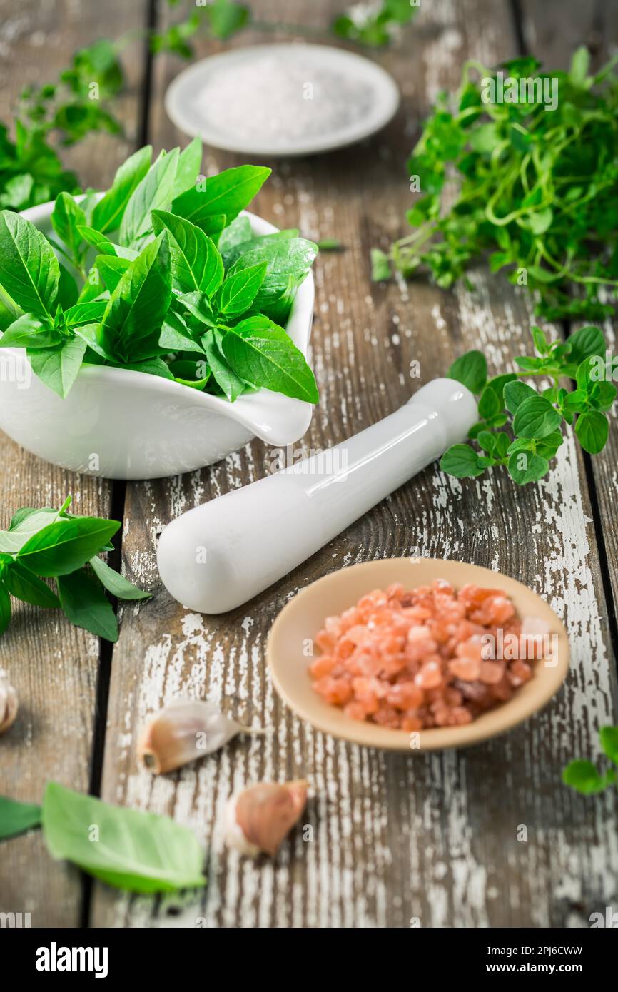 Thai basil, rosemary and other herbs with Himalayan salt for healthy ...