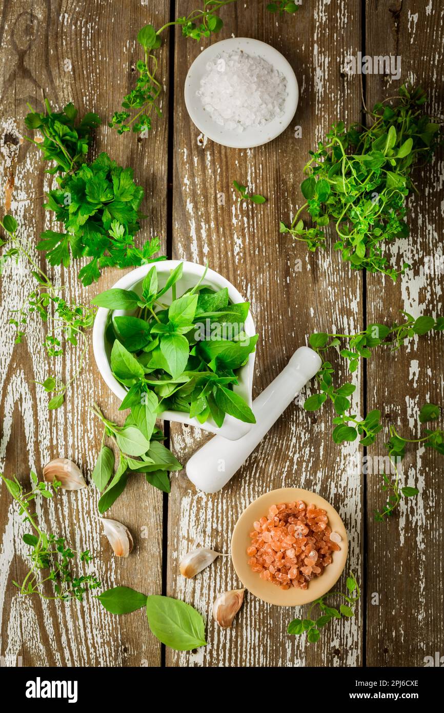 Thai basil, rosemary and other herbs with Himalayan salt for healthy ...