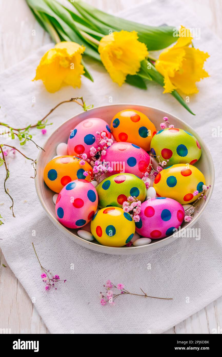 Spring time - Easter eggs and tulips on white background Stock Photo ...