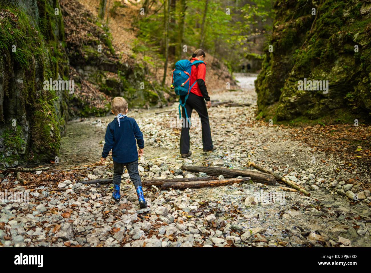 Two backpackers (a woman with a little son) are walking along a creek ...