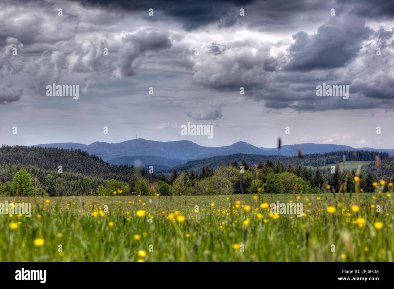 View into the Kirnbach valley, landscape in the Black Forest with dark ...