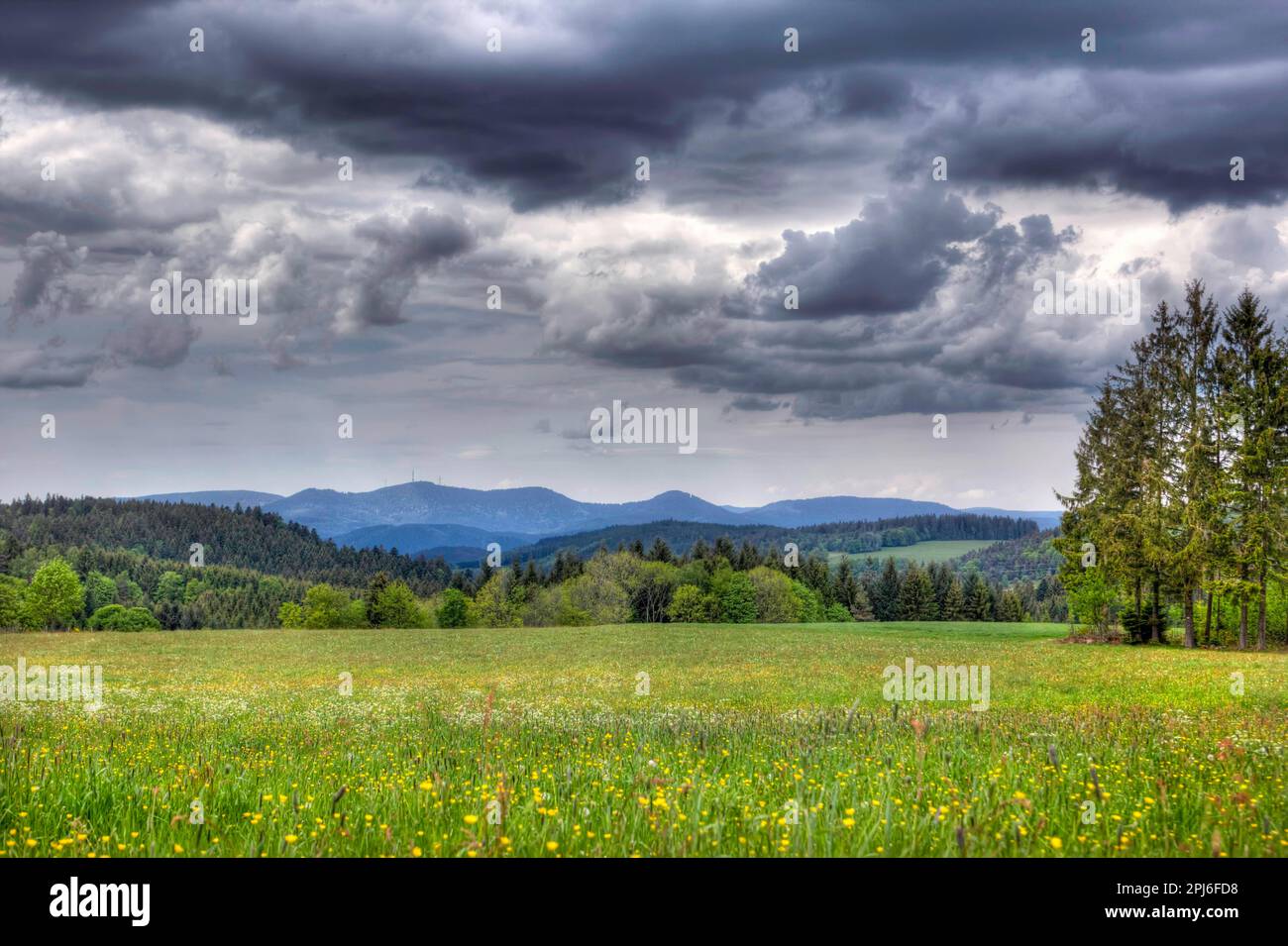 View into the Kirnbach valley, landscape in the Black Forest with dark ...