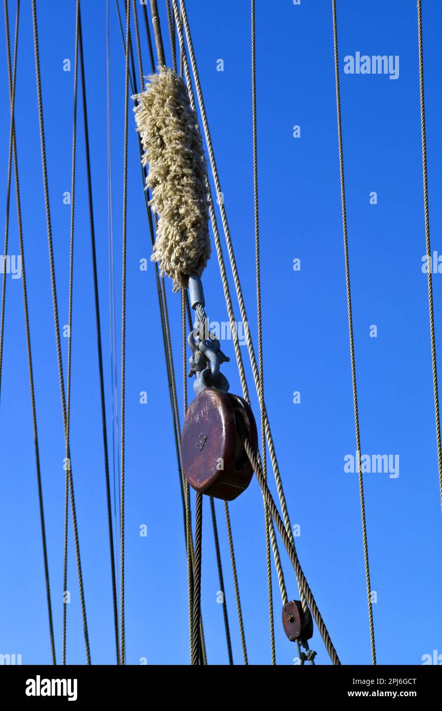 Block and centipede of the gaff ketch Platessa, Eckernfoerde, Schleswig ...
