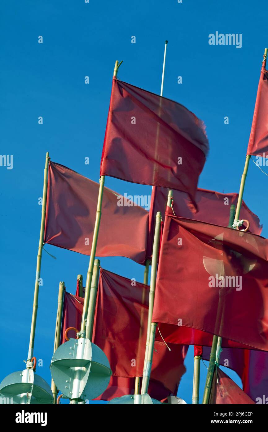 Marker flags on a fishing boat, Heiligenhafen, Schleswig-Holstein ...