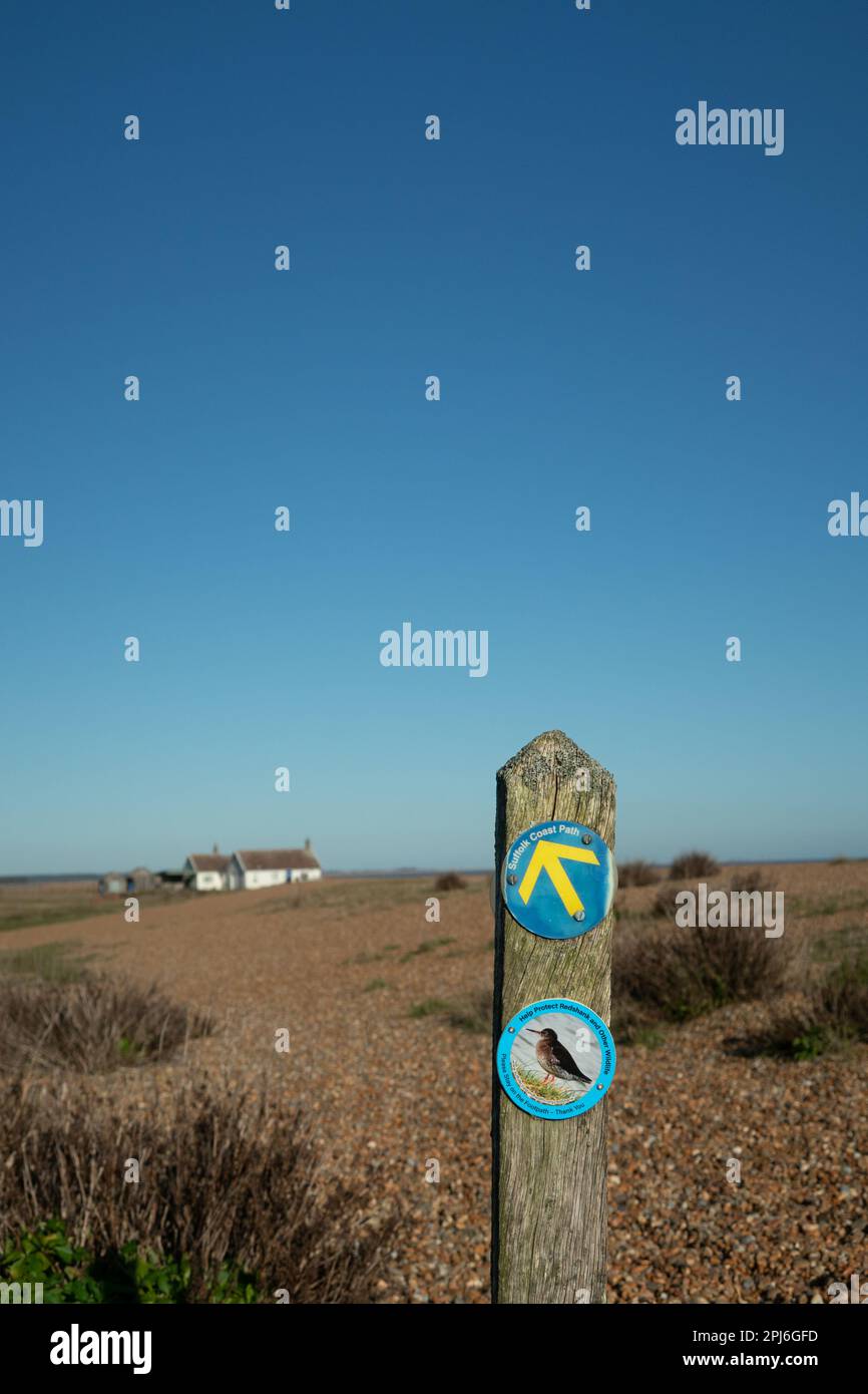 Suffolk coastal path signpost and redshank bird protection notice ...