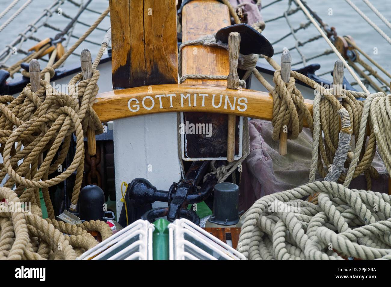 On board the Wilhelmine von Stade, inscription God with us Stock Photo ...