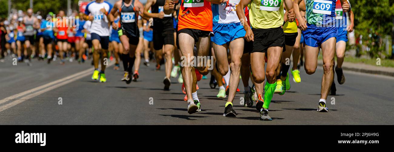 leading group runners athletes running city marathon, male joggers ...
