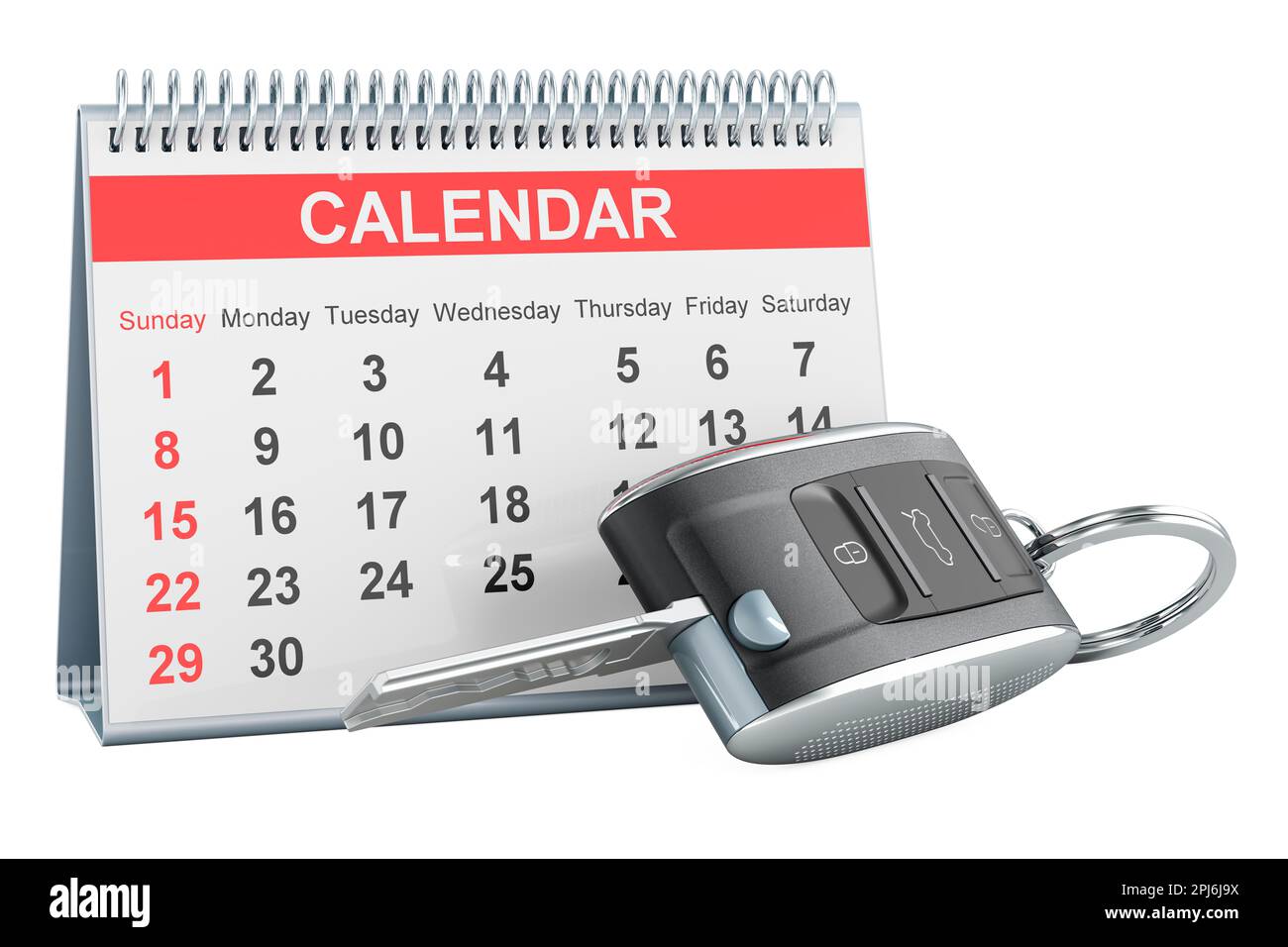 Car key with desk calendar, 3D rendering isolated on white background ...