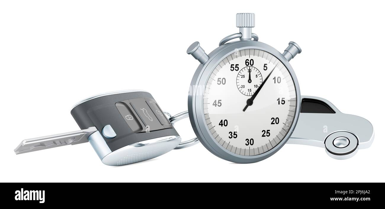 Car key with car shape metal keychain with stopwatch, 3D rendering ...