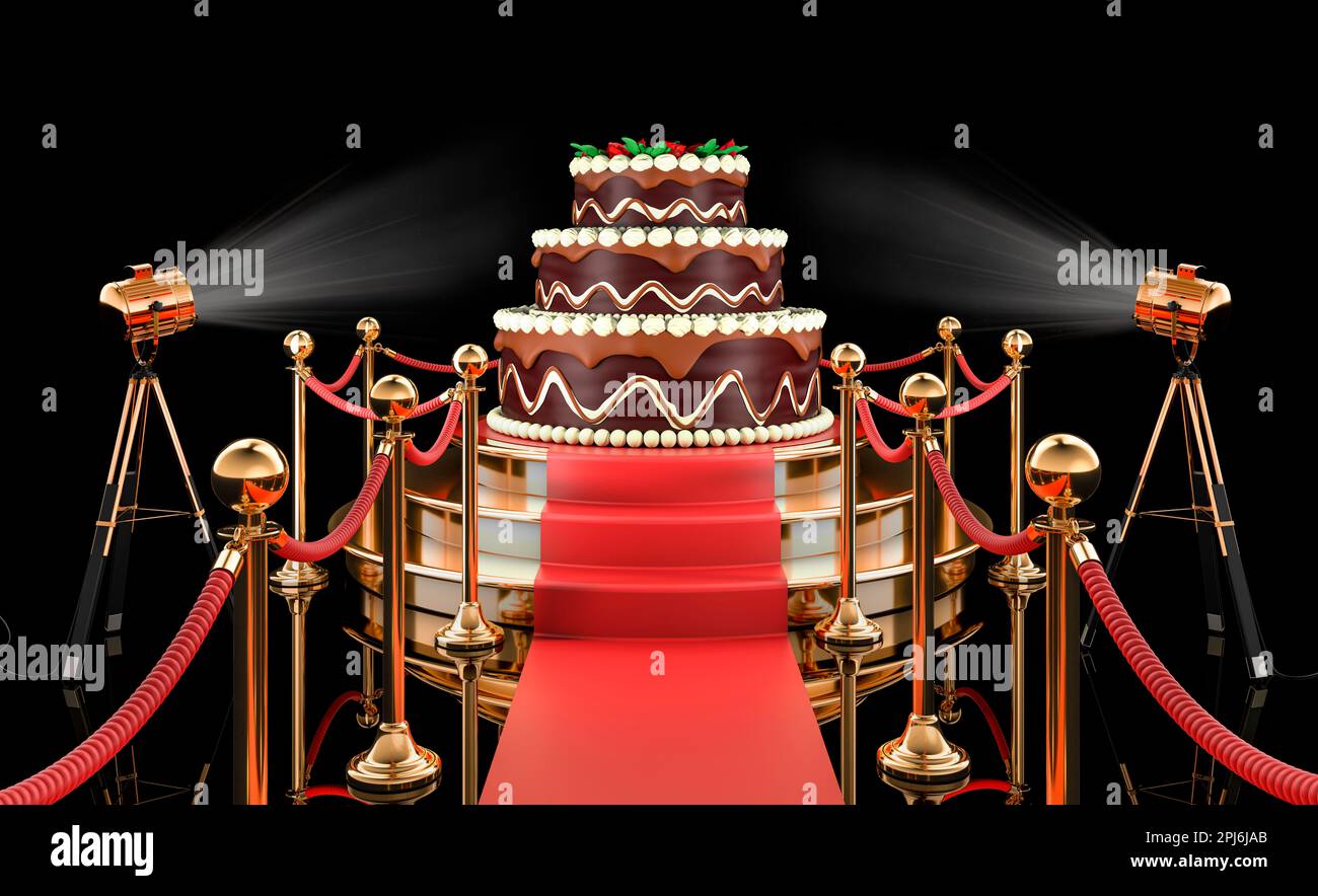 Podium with Chocolate Birthday Cake. 3D rendering on black background ...