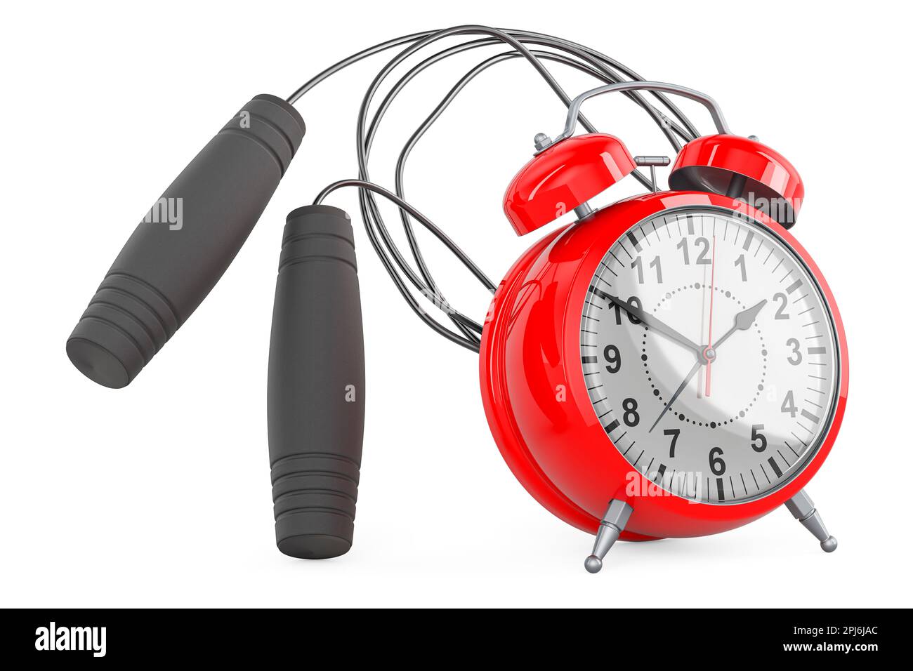 Skipping rope or jump rope with alarm clock, 3D rendering isolated on ...