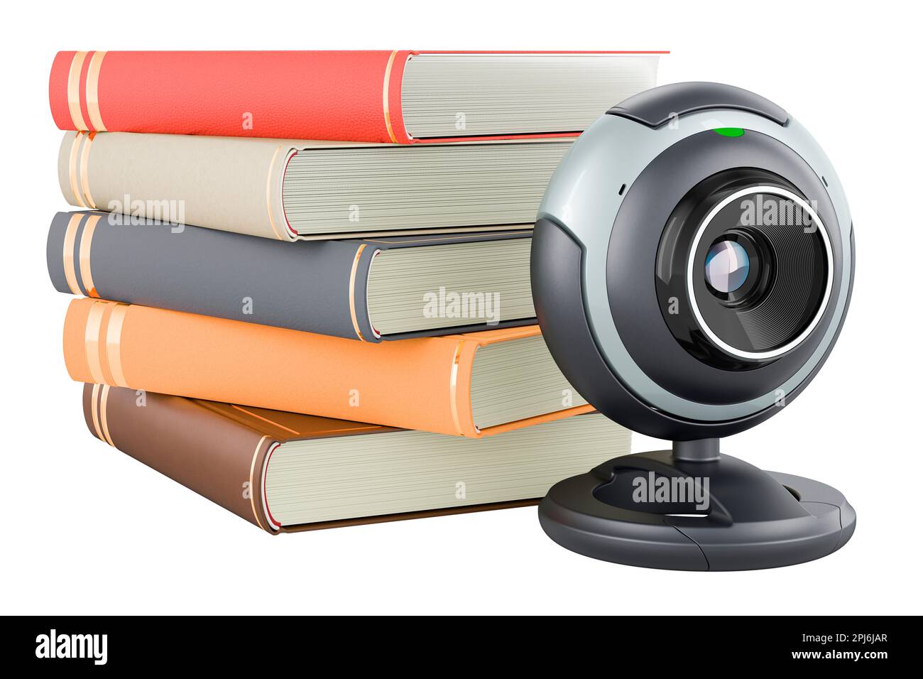 Online education concept, books with webcam, 3D rendering isolated on white background Stock ...