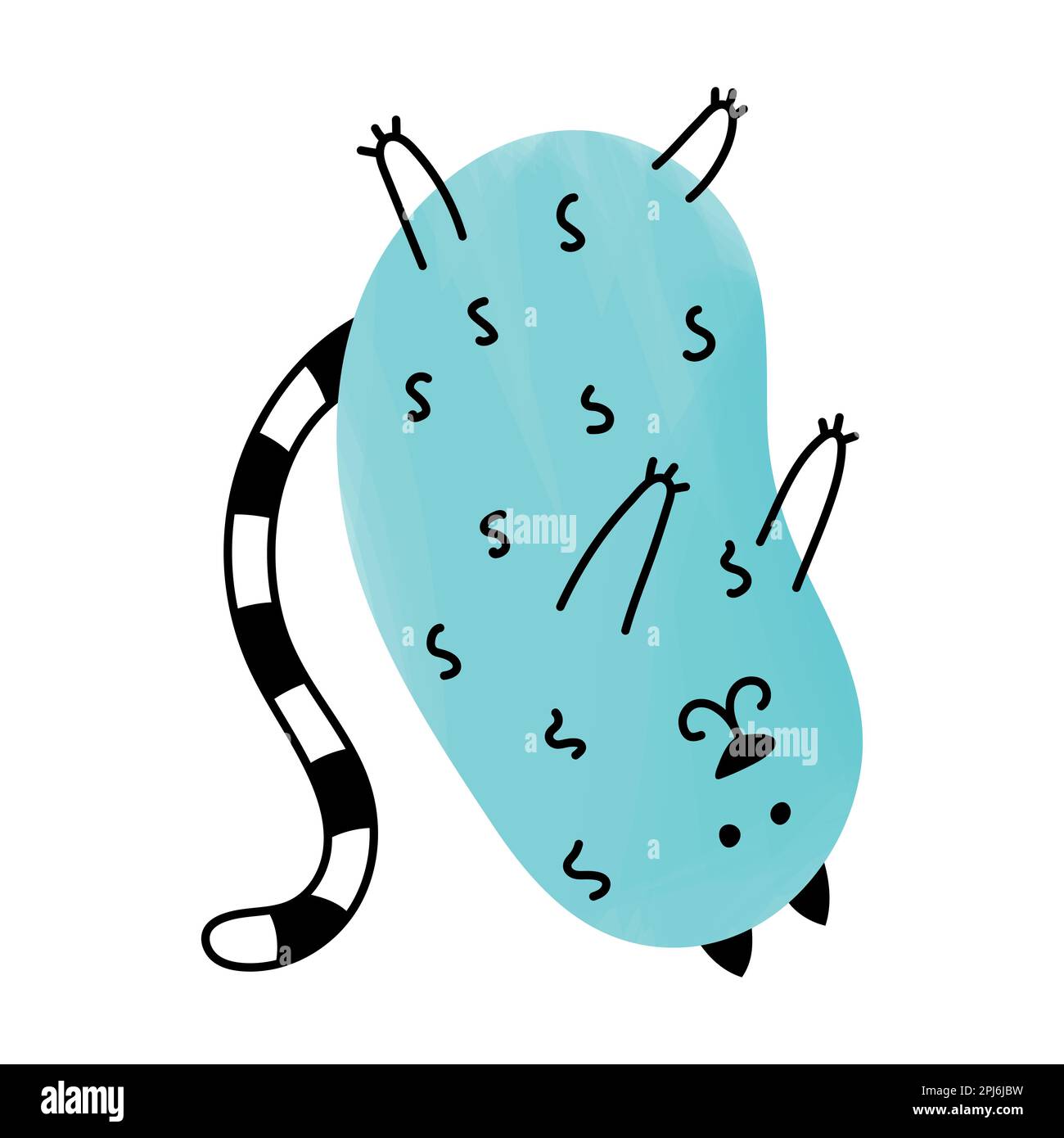 Funny fat doodle cat in a strange pose. Simple blue minimalist cat ...