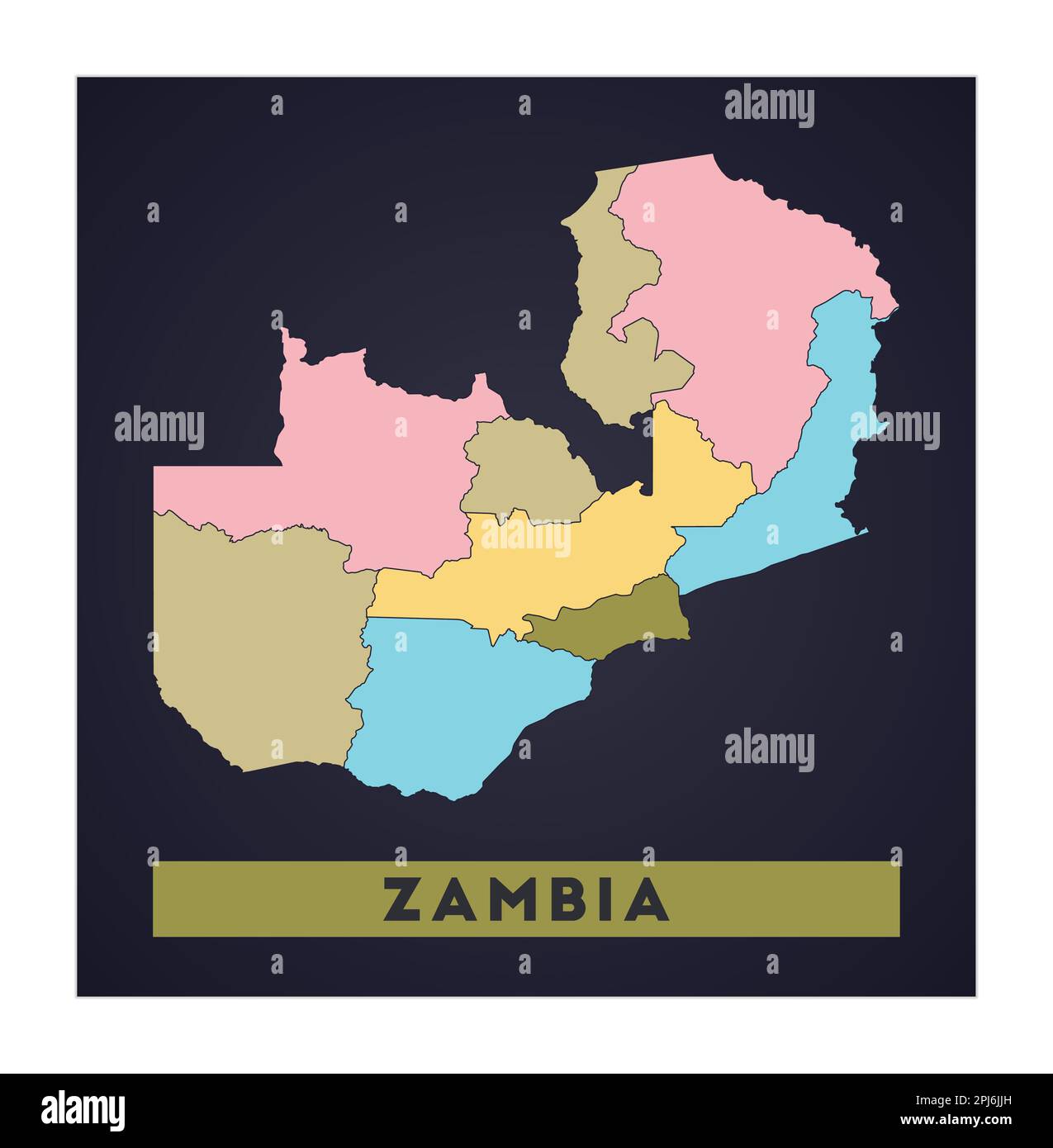 Zambia map. Country poster with regions. Shape of Zambia with country ...