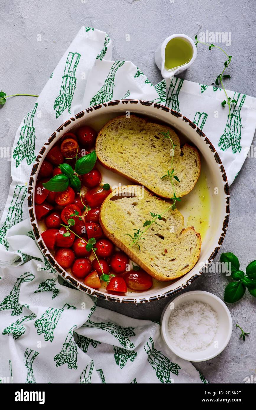 Bruschetta With Buratta And Baked Cherry Tomatoes Top View Selective