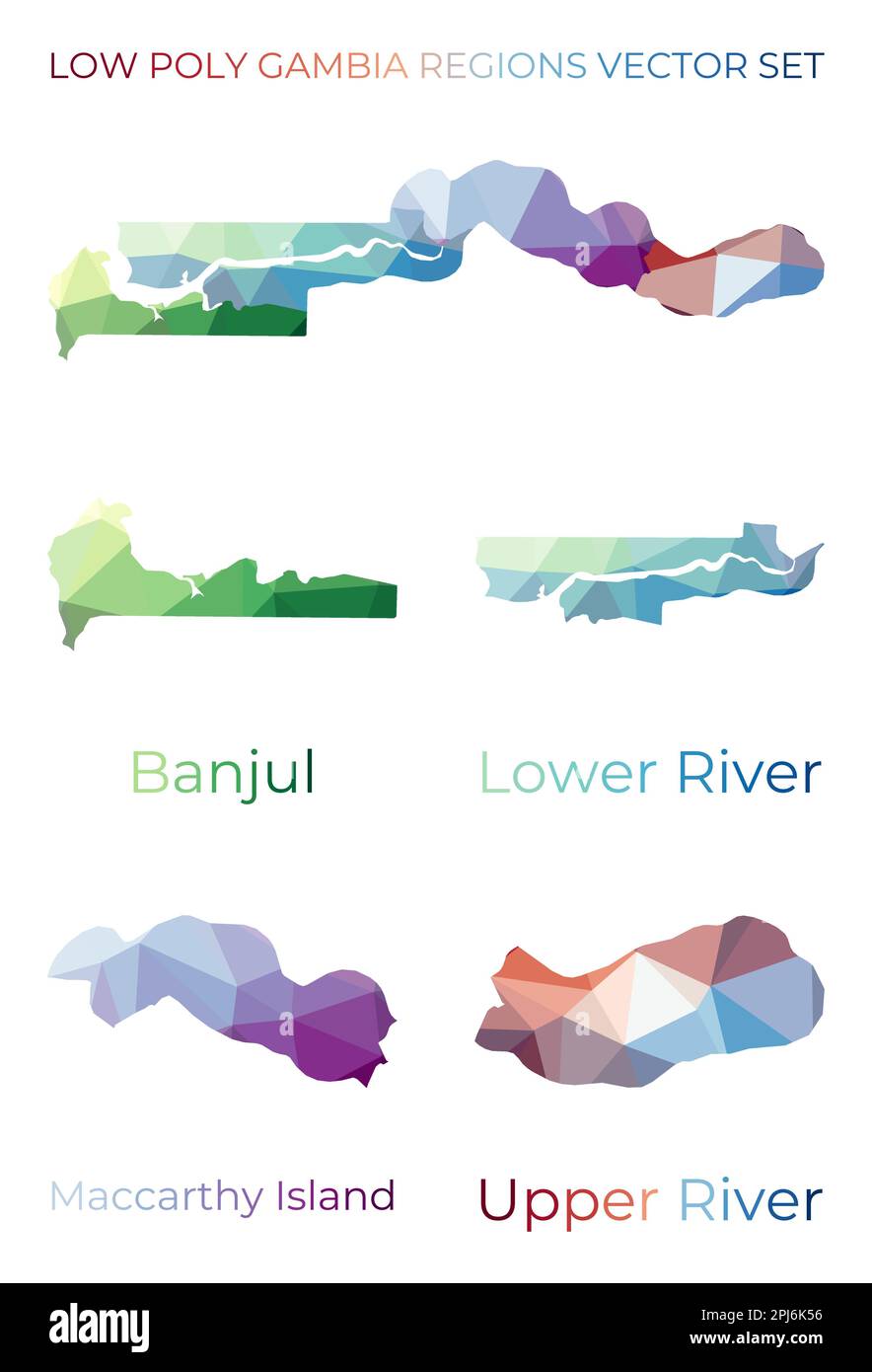 Gambian low poly regions. Polygonal map of Gambia with regions. Geometric maps for your design ...