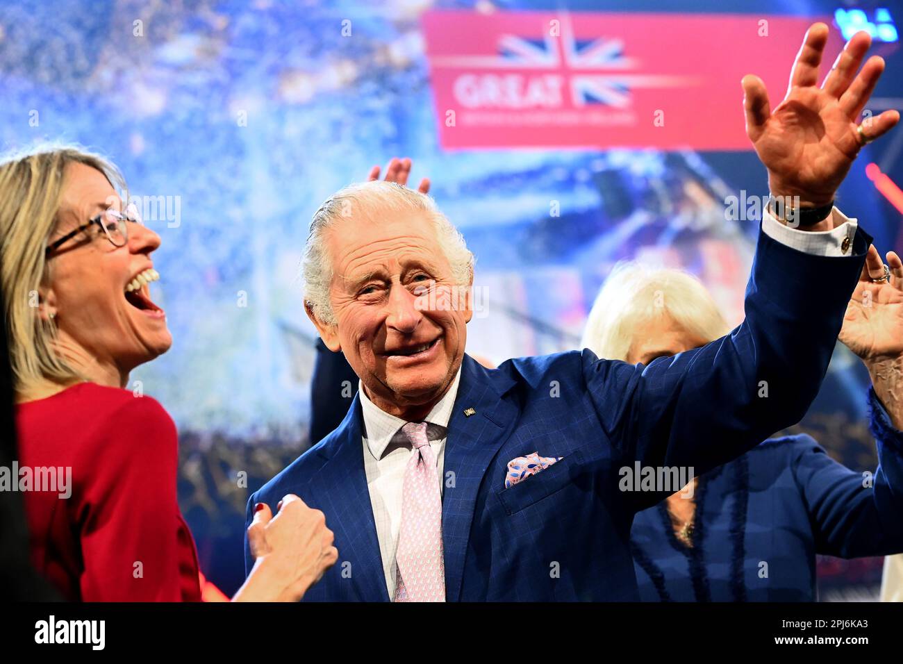 Britain's King Charles III, waves next to Jill Gallard, British ...