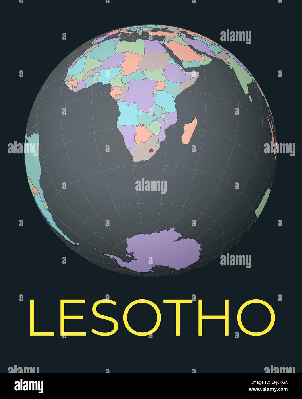 World map centered on Lesotho. Red country highlighted. Satellite world ...