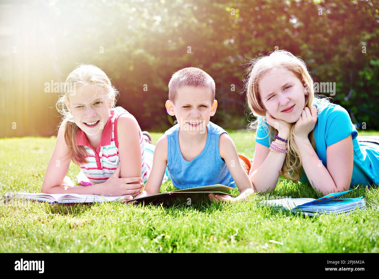 Friends reading book outdoors on grass in summer day Stock Photo - Alamy