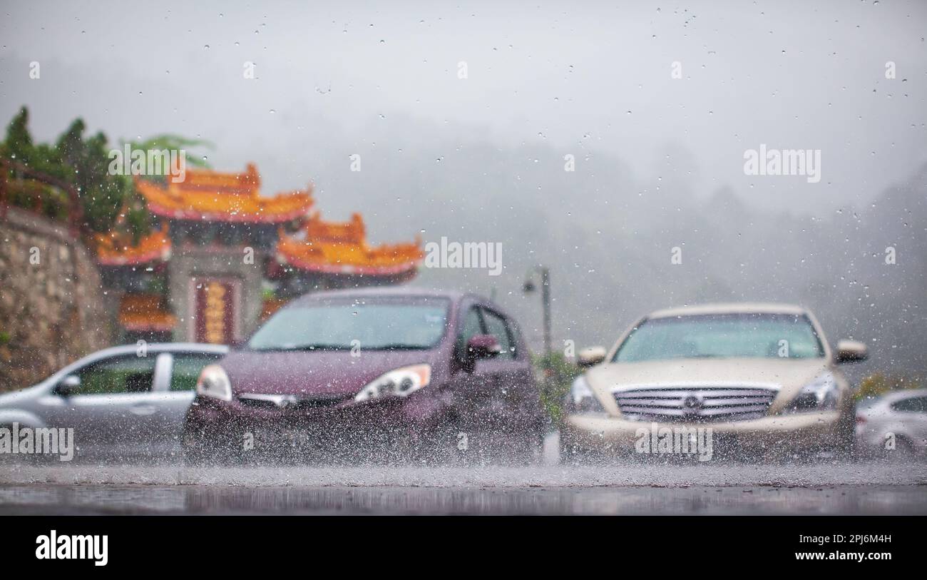 Cars under torrential rain. Heavy tropical rain on city street. Rainy ...