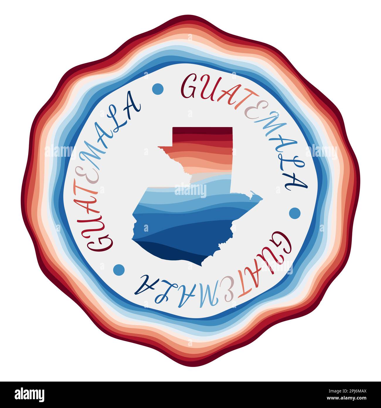 Guatemala badge. Map of the country with beautiful geometric waves and vibrant red blue frame ...