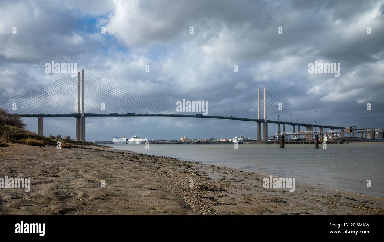 A view looking westwards on the River Thames towards the Dartford ...
