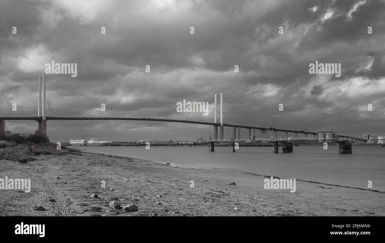 A view looking westwards on the River Thames towards the Dartford ...
