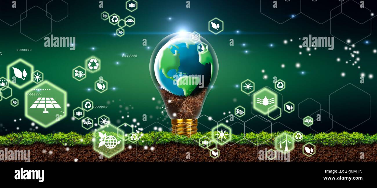 Bulb with Earth inside as energy efficiency concept. Renewable energy ...