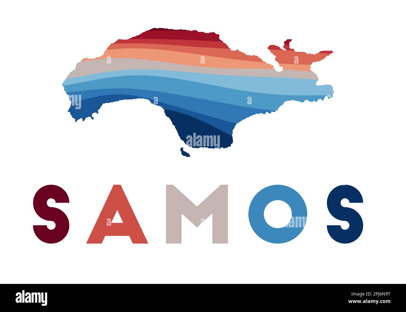 Samos map. Map of the island with beautiful geometric waves in red and ...