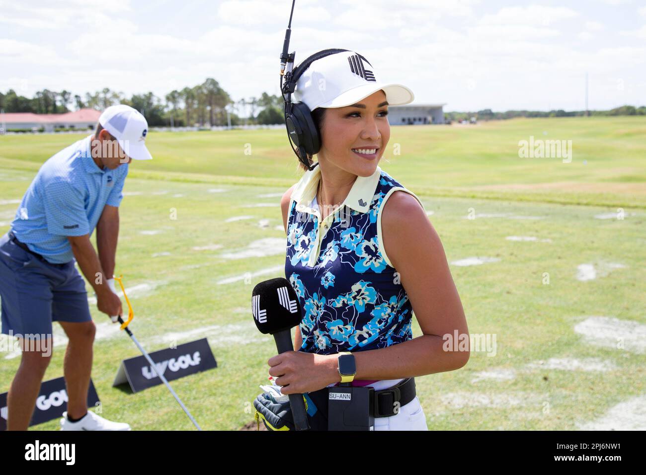 LIV Golf Broadcast member, Su-Ann Heng seen on the driving range during ...