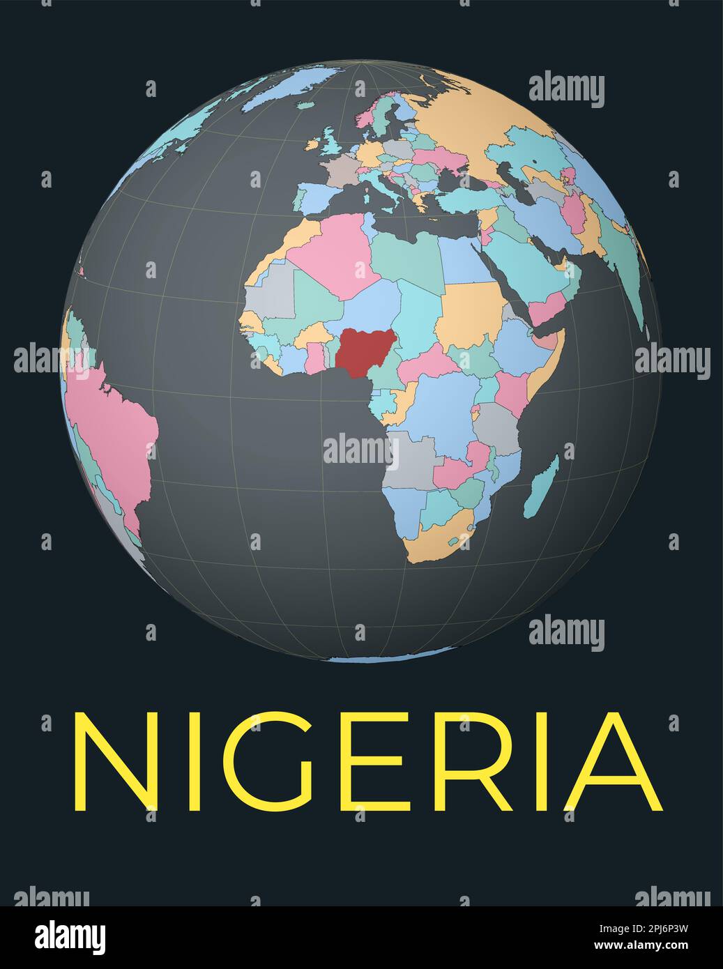 World map centered on Nigeria. Red country highlighted. Satellite world ...
