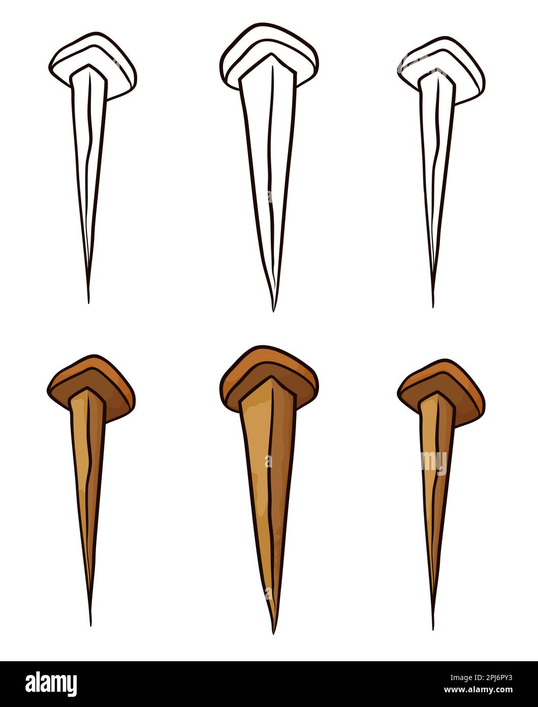 Three Antique Nails In Two Versions One Group In Outlines For Coloring And The Other In Cartoon 