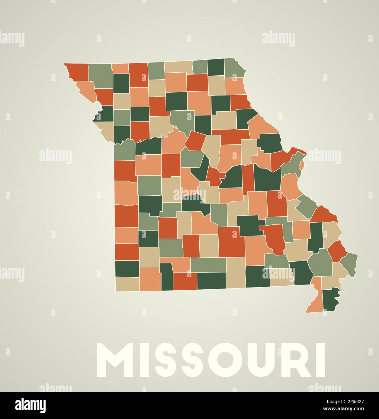 Missouri poster in retro style. Map of the US state with regions in ...
