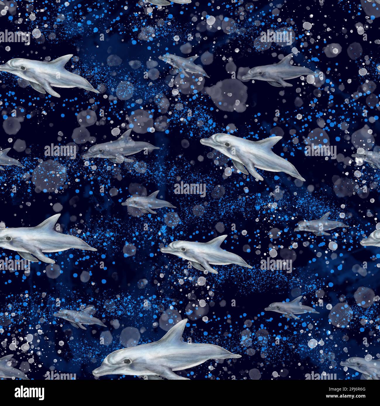 Hand drawn graphic dolphins. Flying dolphins seamless pattern. Dolphin ...