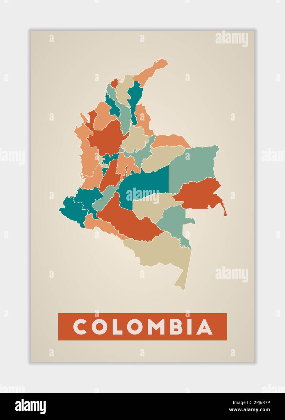 Colombia poster. Map of the country with colorful regions. Shape of Colombia with country name ...