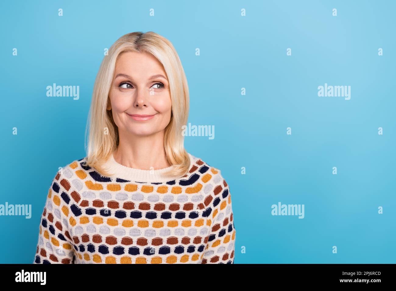 Portrait of gorgeous retired lady wear comfort clothes look empty space ...