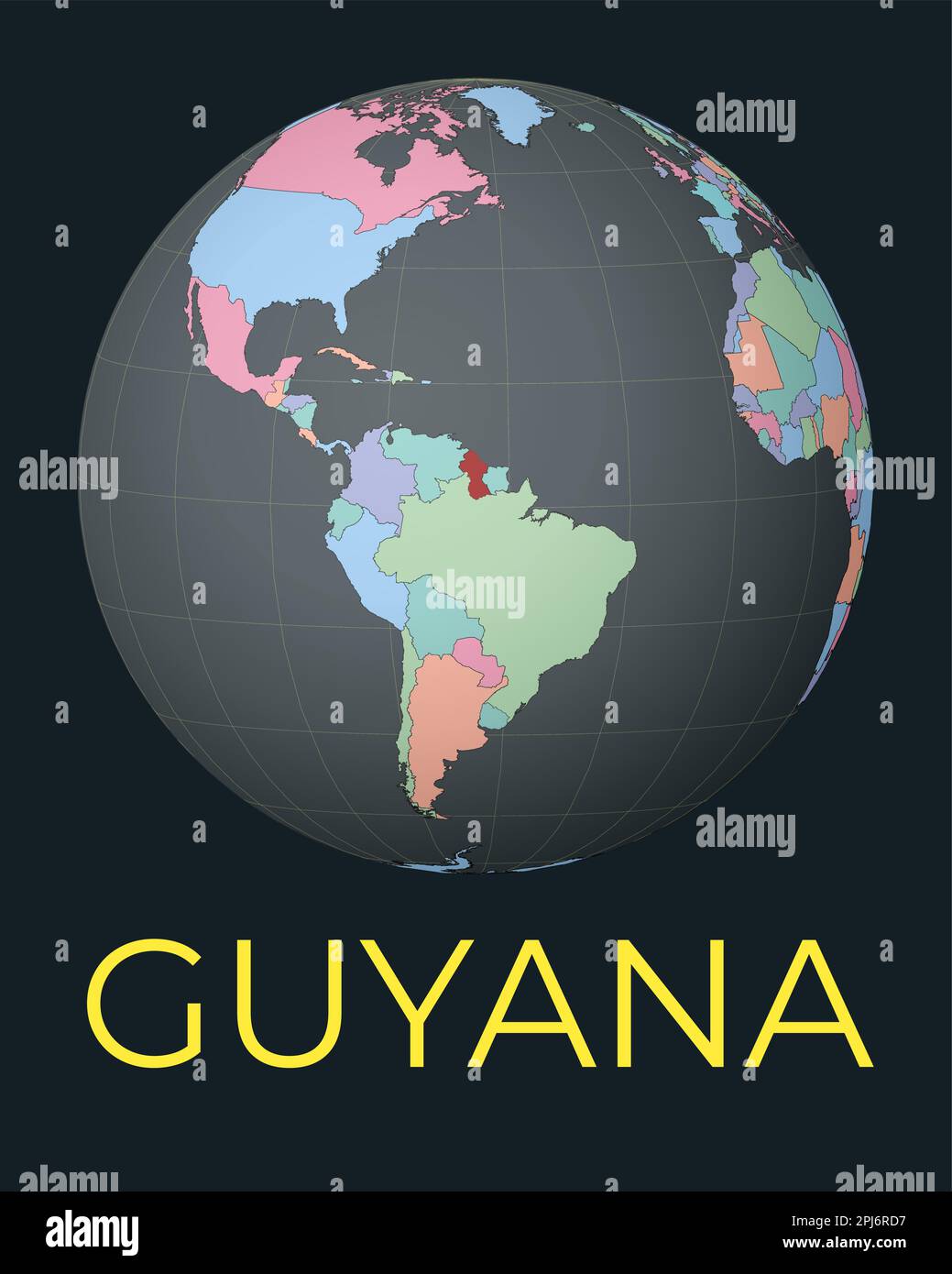 World map centered on Guyana. Red country highlighted. Satellite world view centered on the ...
