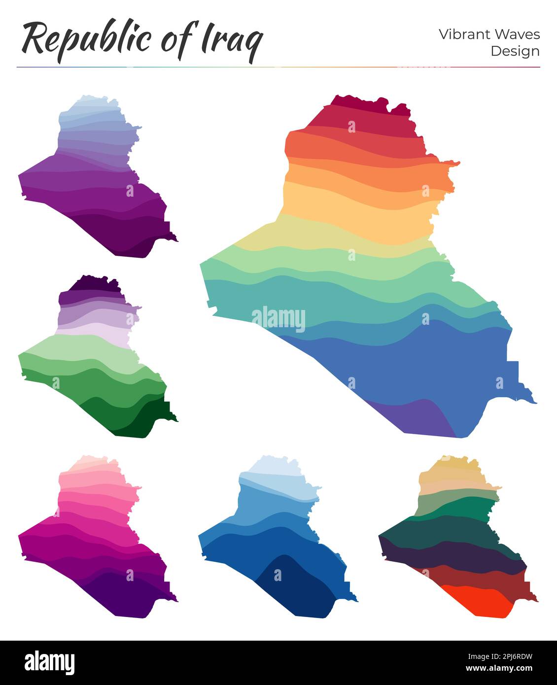 Set of vector maps of Republic of Iraq. Vibrant waves design. Bright map of country in geometric ...