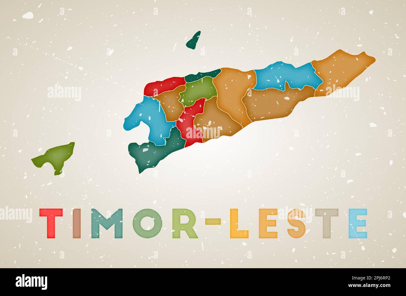 Timor-Leste map. Country poster with colored regions. Old grunge texture. Vector illustration of ...