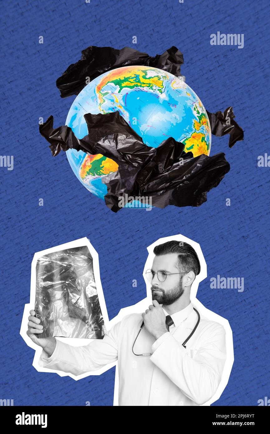 Creative retro 3d magazine collage image of thoughtful medic thinking ...