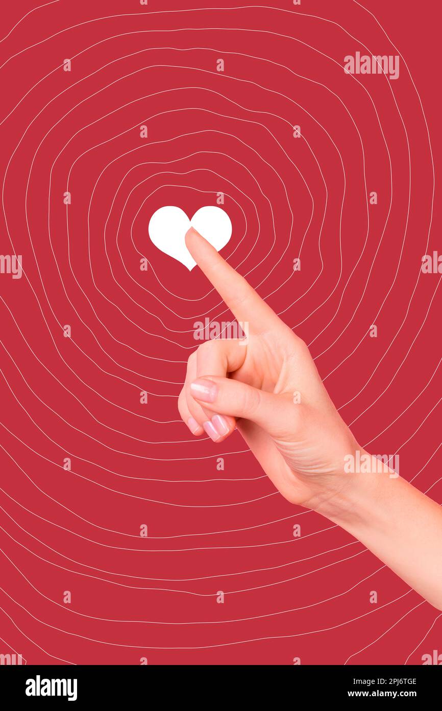 Creative banner poster collage of human finger pointing clicking heart ...
