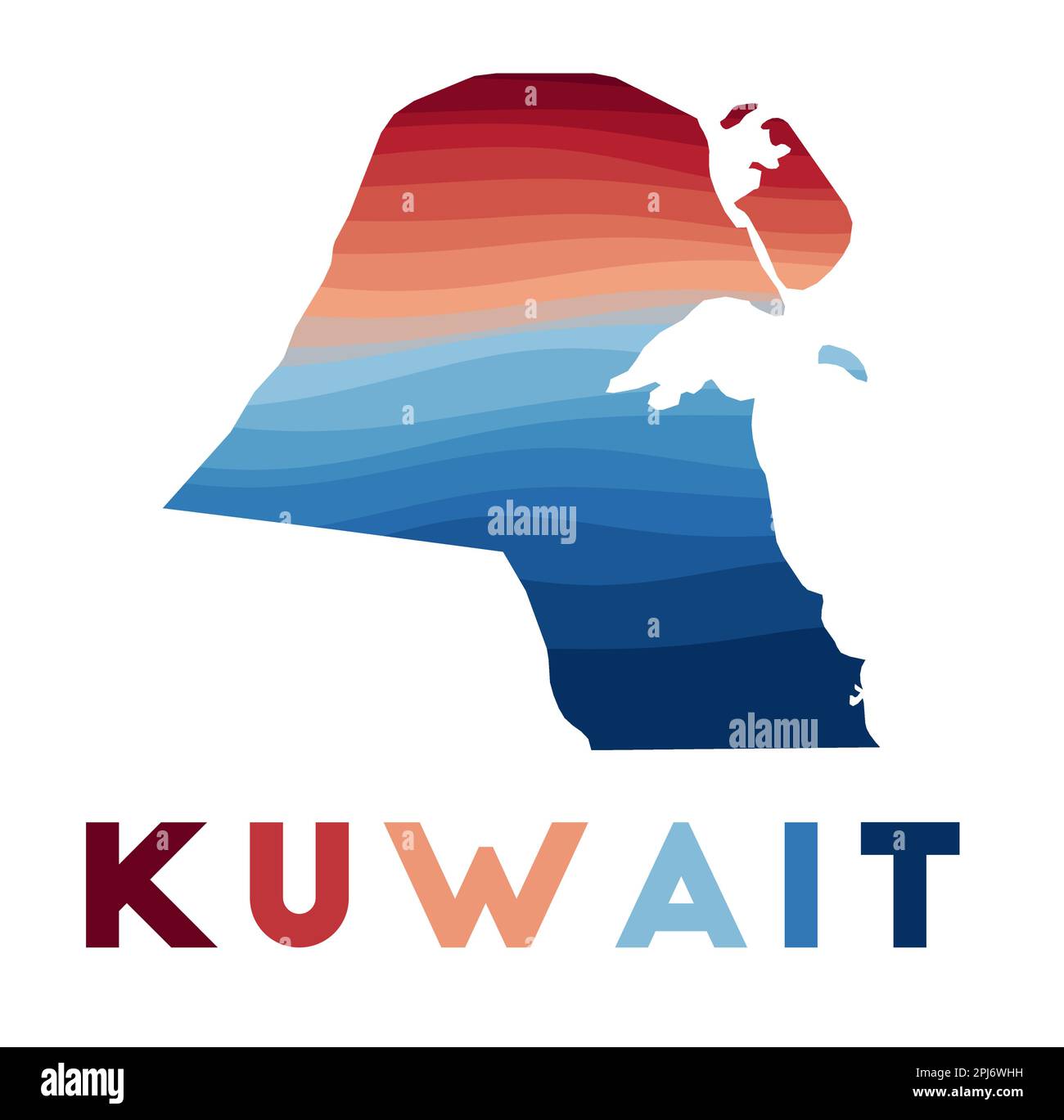 Kuwait map. Map of the country with beautiful geometric waves in red and blue colors. Vivid ...