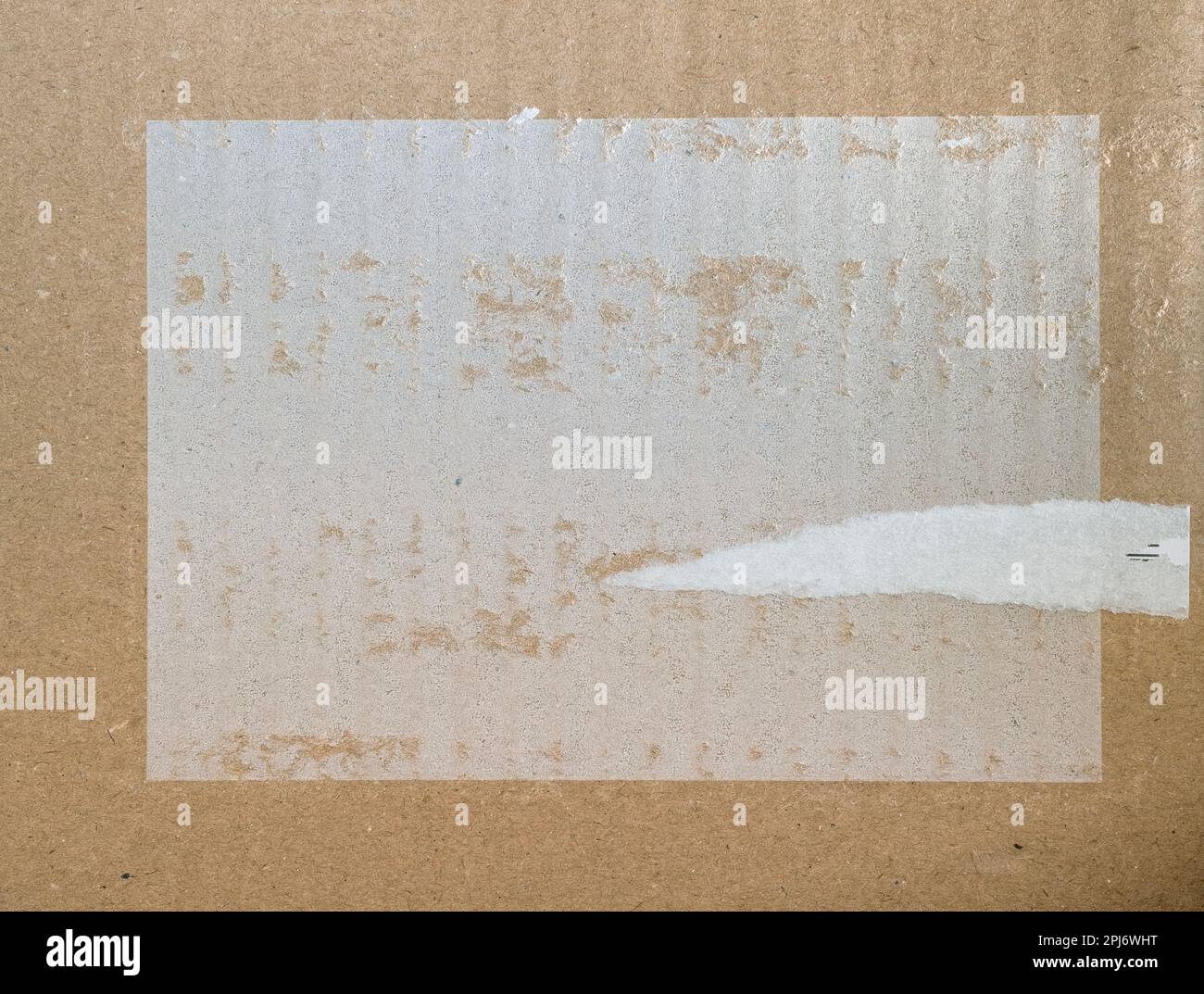 Corrugated cardboard box surface with torn paper scraps and empty copy ...